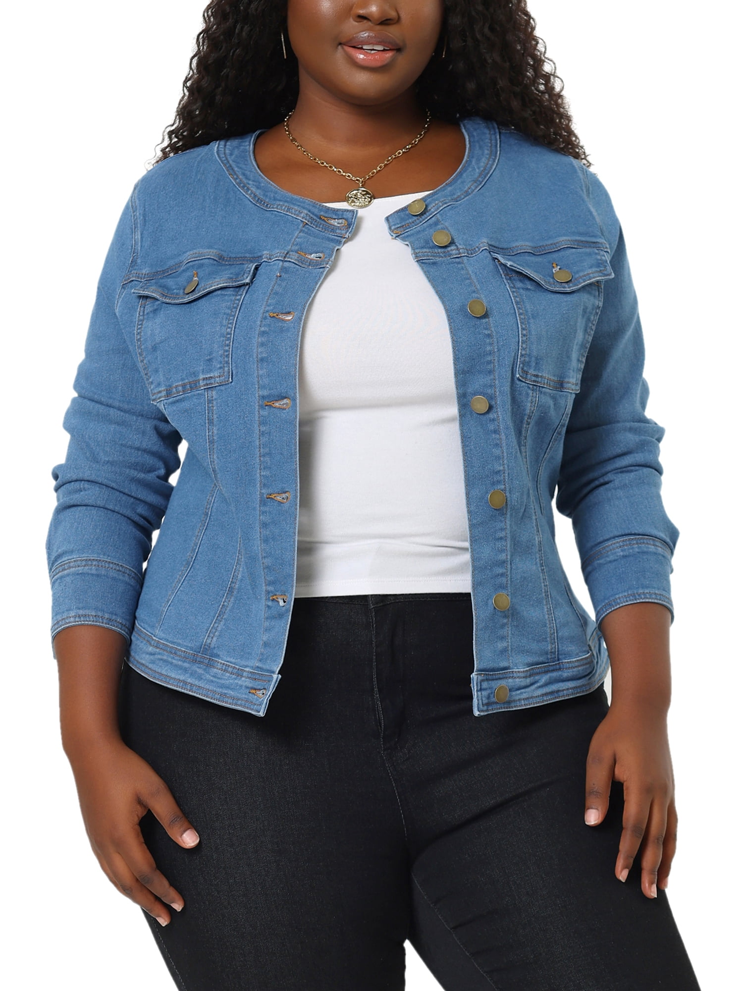 Agnes Orinda Women's Plus Size Denim Jacket Long Sleeves Collarless Car ...