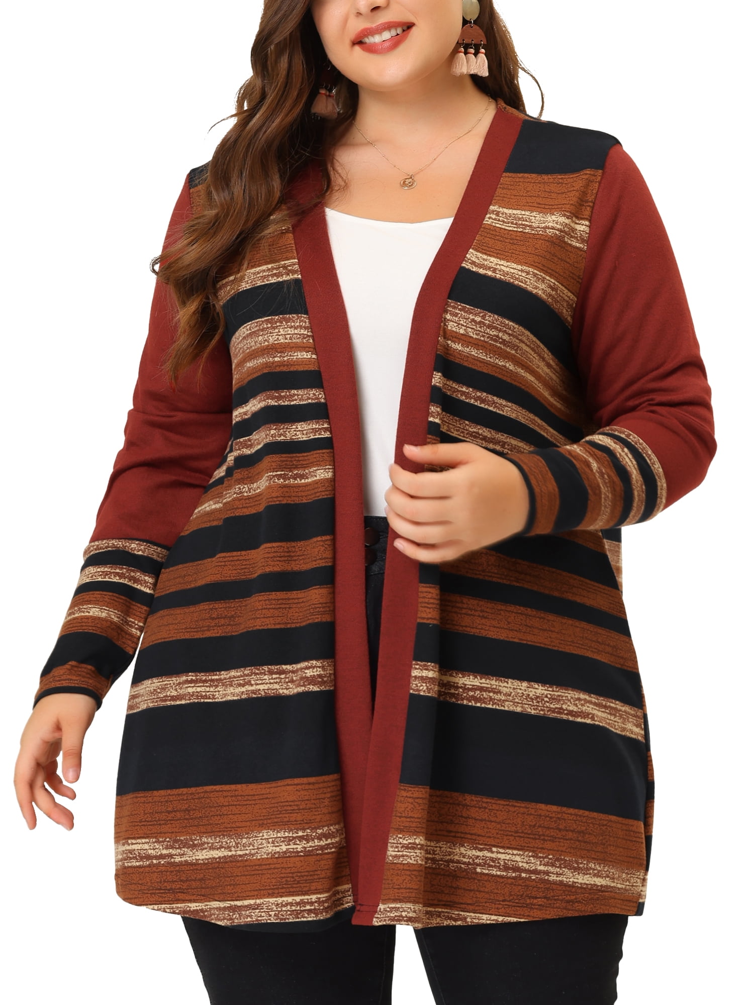 Agnes Orinda Women's Plus Size Long Sleeves Open Front Striped Fall ...