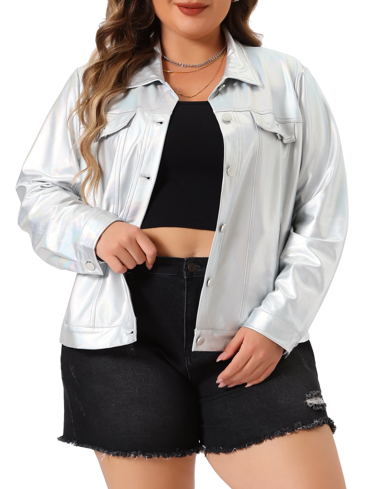 Agnes Orinda Women's Plus Size Metallic Jacket Moto Biker Jacket ...