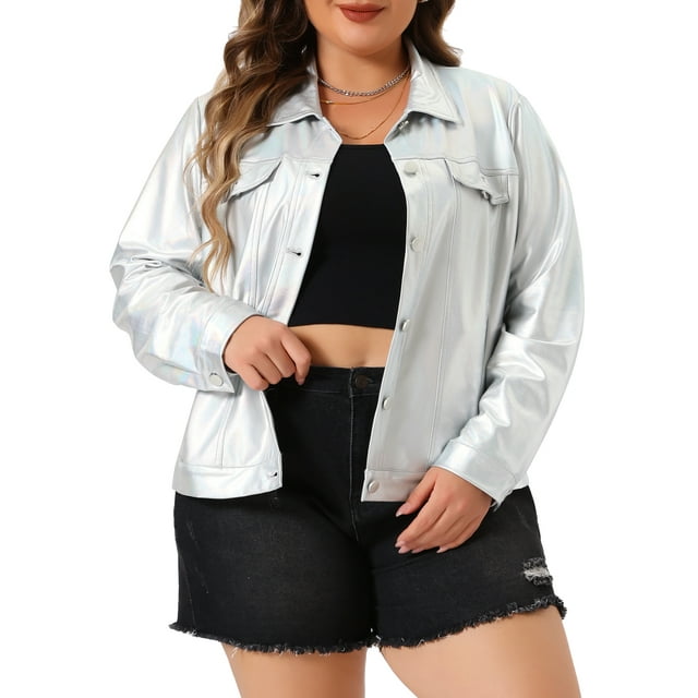 Agnes Orinda Women's Plus Size Metallic Jacket Moto Biker Jacket ...