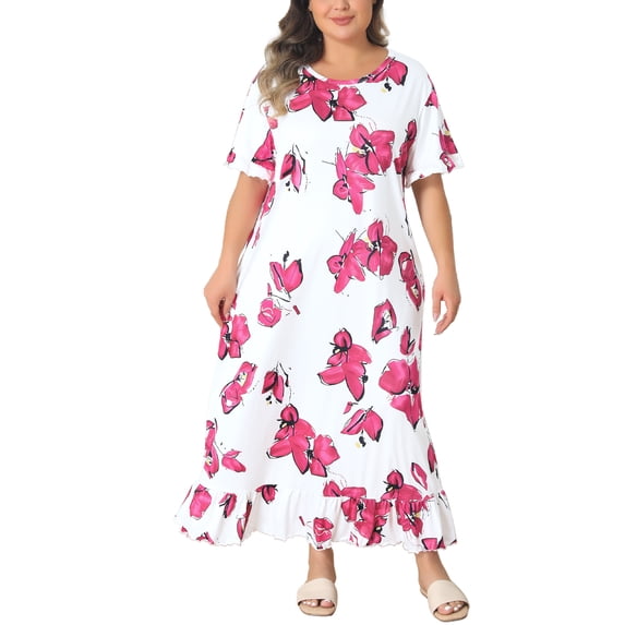 Agnes Orinda Women's Plus Size Nightgown Floral Crew Neck Short Sleeve ...