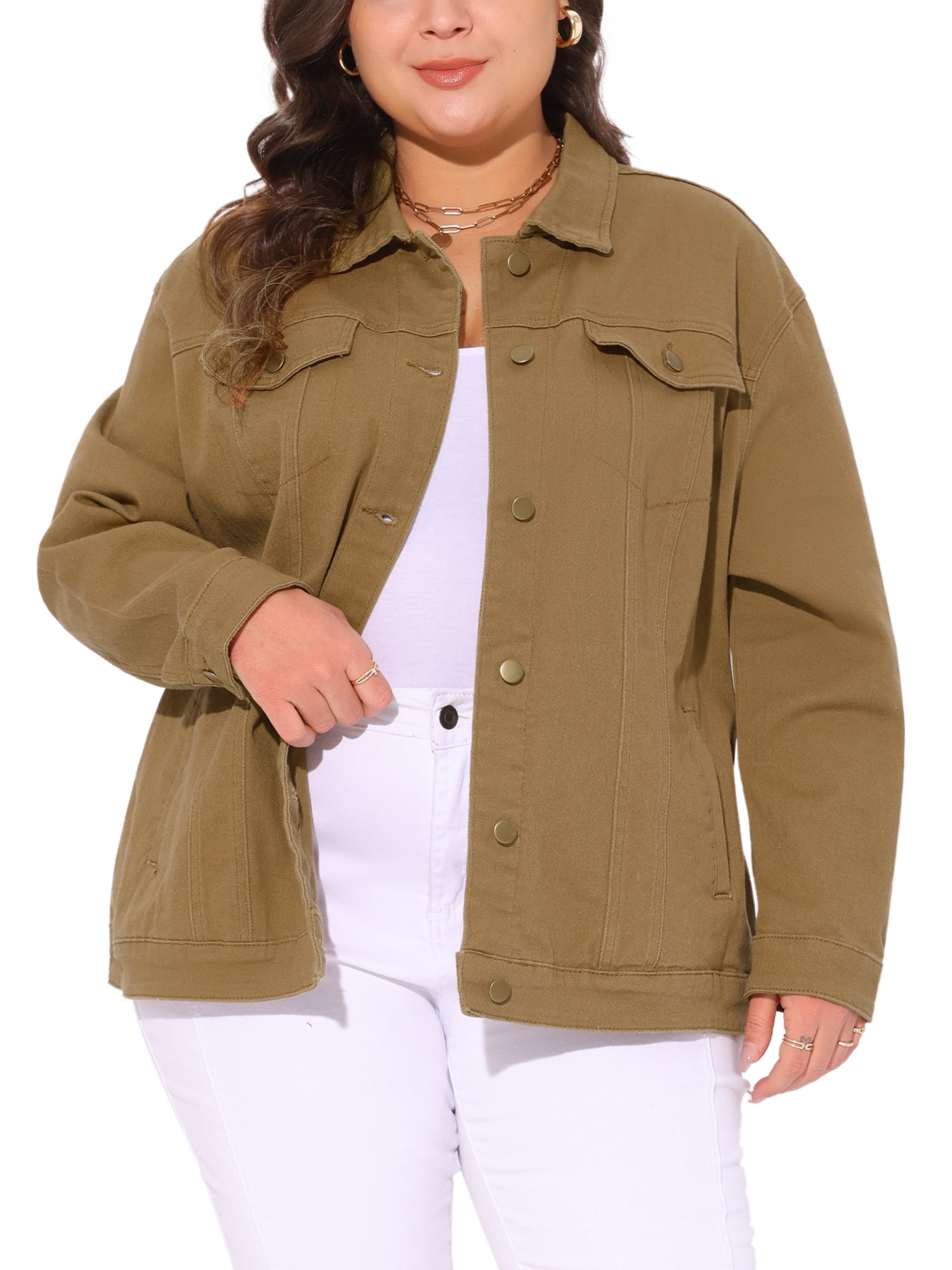 Agnes Orinda Women's Plus Size Jean Jacket Stitching Button Washed ...