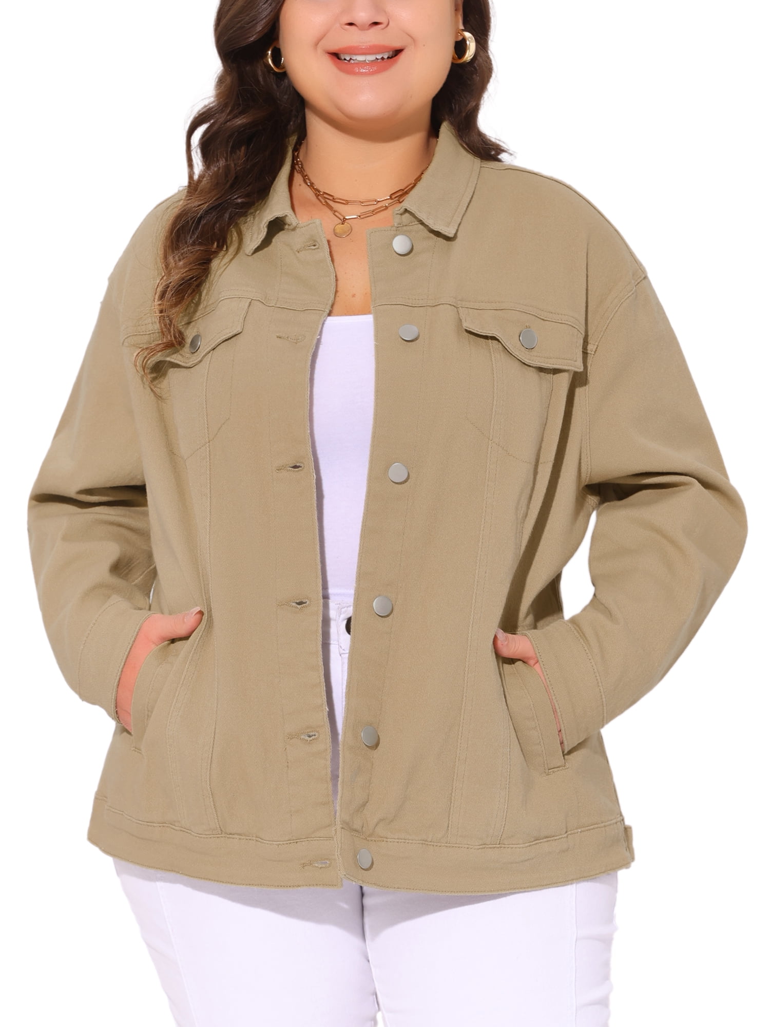 Agnes Orinda Women's Plus Size Jean Jacket Stitching Button Washed ...