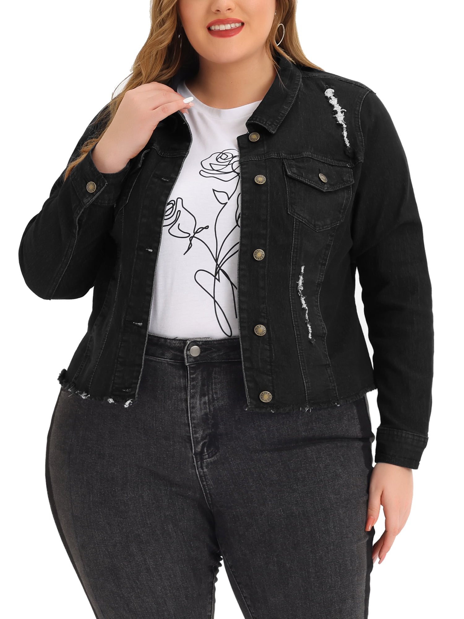 Agnes Orinda Women's Plus Size Denim Jackets Long Sleeve Washed Jean ...