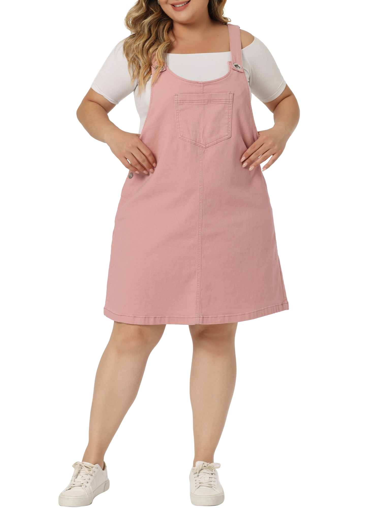 Agnes Orinda Women's Plus Size Denim Overall Midi Dress with Patch ...