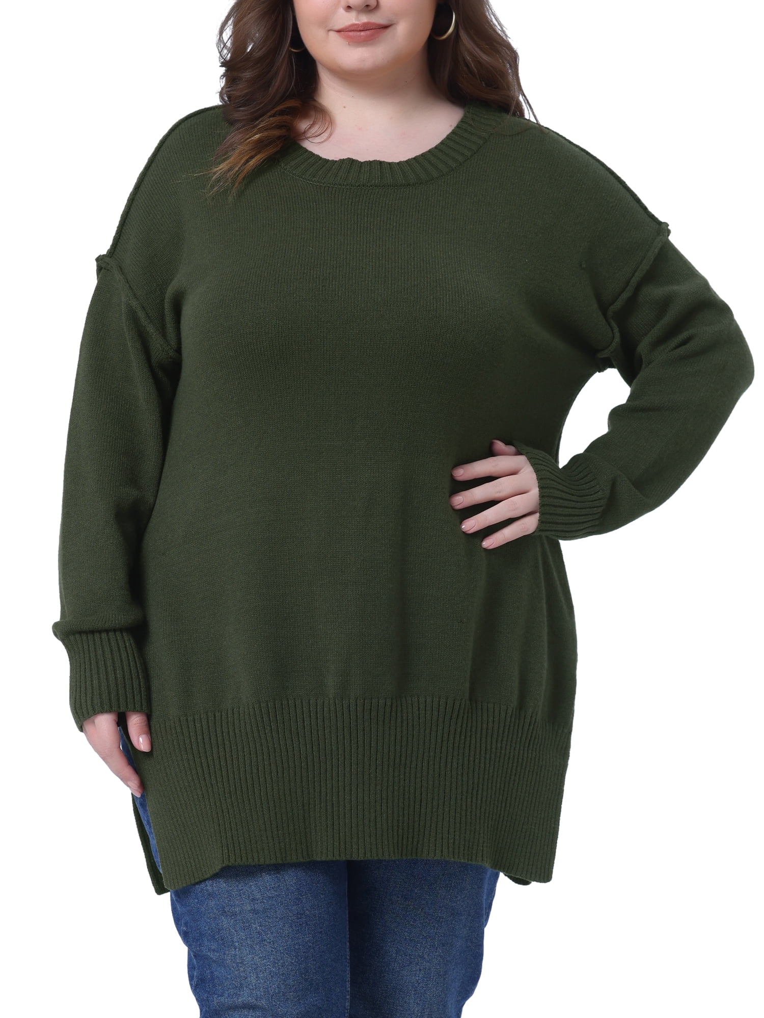 Agnes Orinda Women's Plus Size Sweater Crew Neck Long Sleeves Side ...