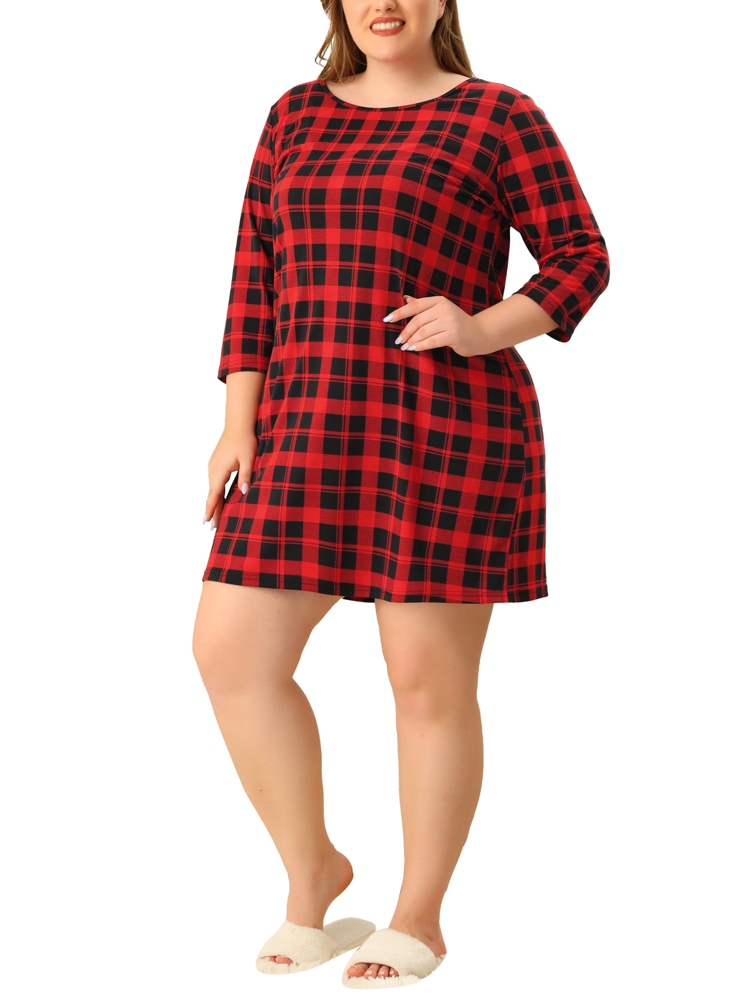 Agnes Orinda Women's Plus Size Pajamas 3/4 Sleeve Plaid Knit Midi ...