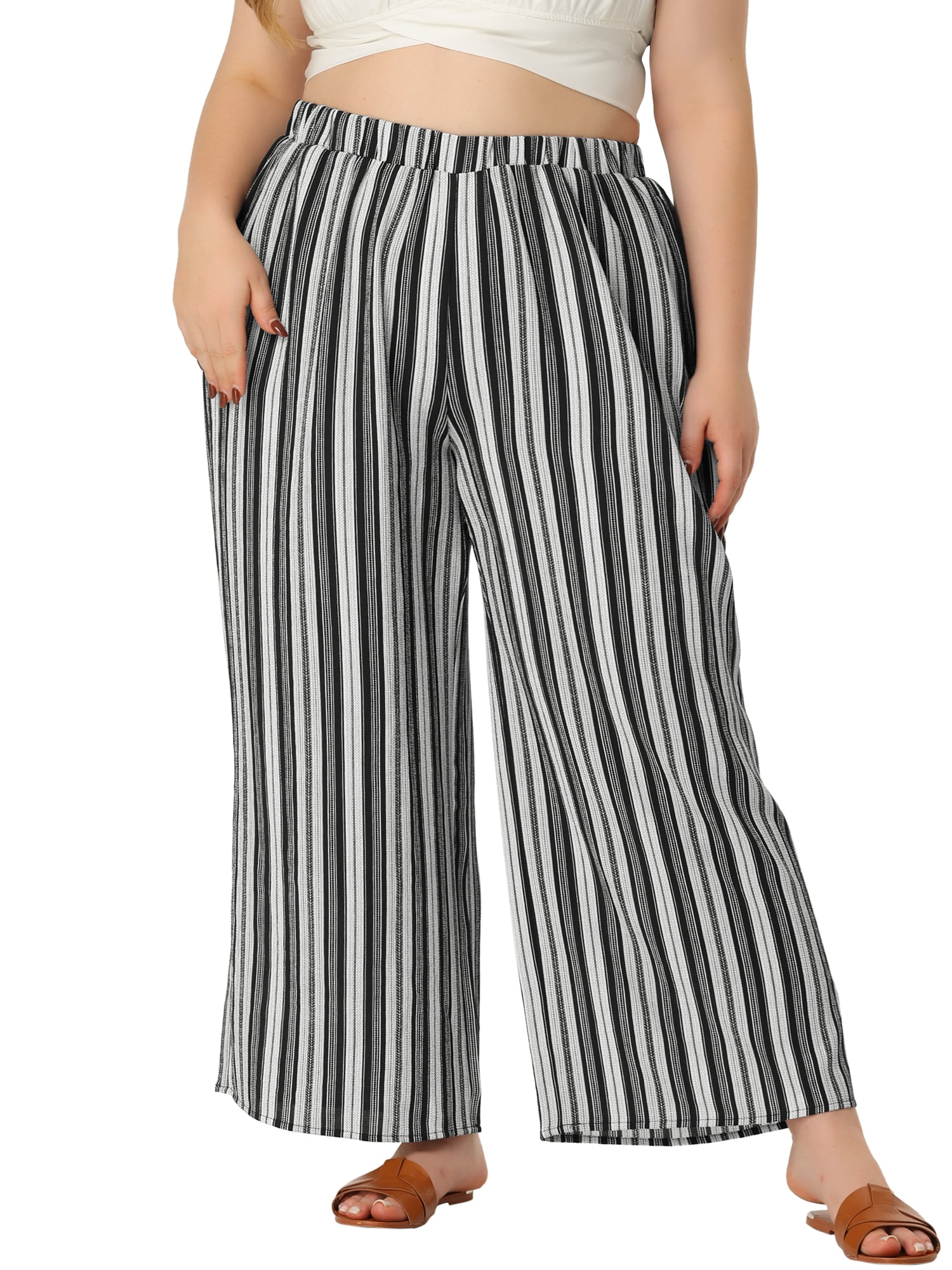 Agnes Orinda Women's Plus Size Palazzo Pants Stripe Boho Wide Leg Paper ...