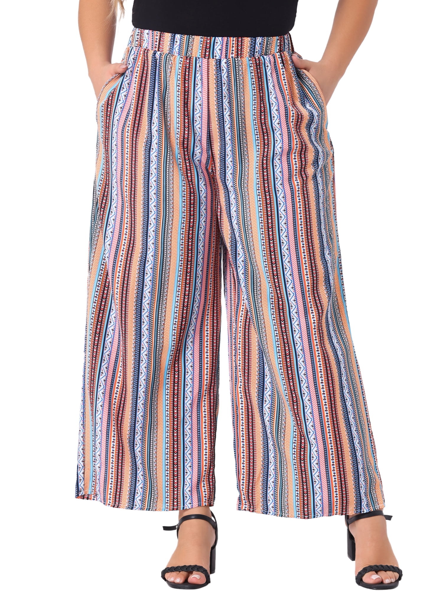 Agnes Orinda Women's Plus Size Palazzo Pants Stripe Boho Wide Leg Paper ...