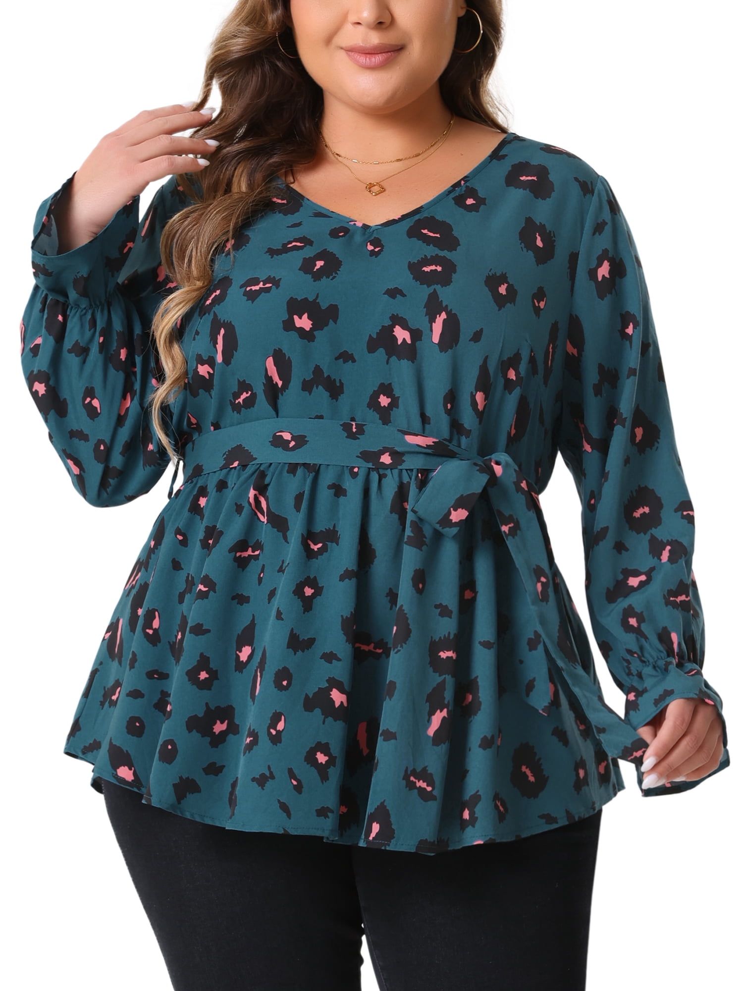 Agnes Orinda Women's Plus Size Peplum Blouse Graphic Print Belted Long ...