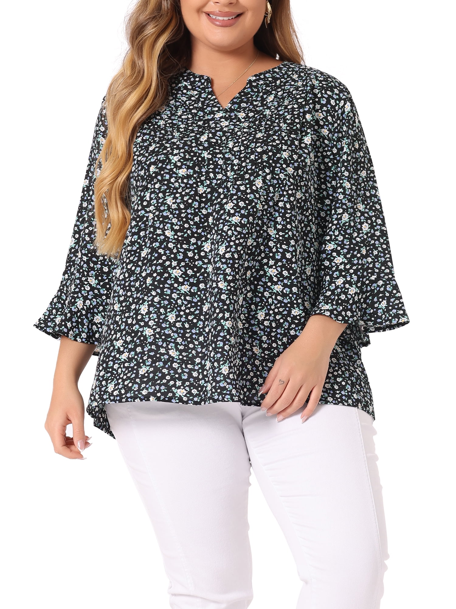 Agnes Orinda Womens Plus Size Pleated V Neck 3 4 Sleeves Floral Blouse