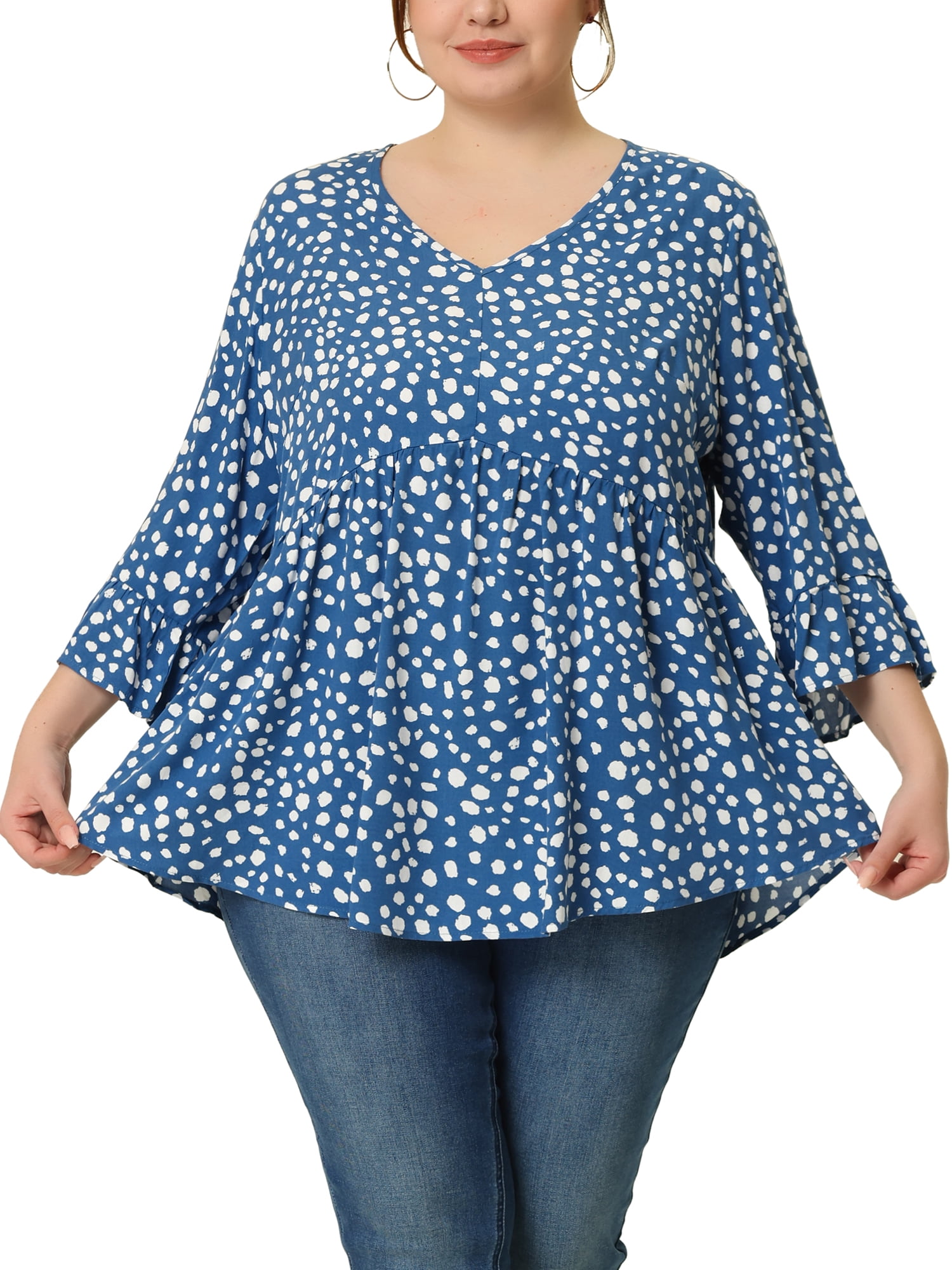 Agnes Orinda Plus Size Blouse for Women Babydoll Polka Dots 3/4 Sleeve ...