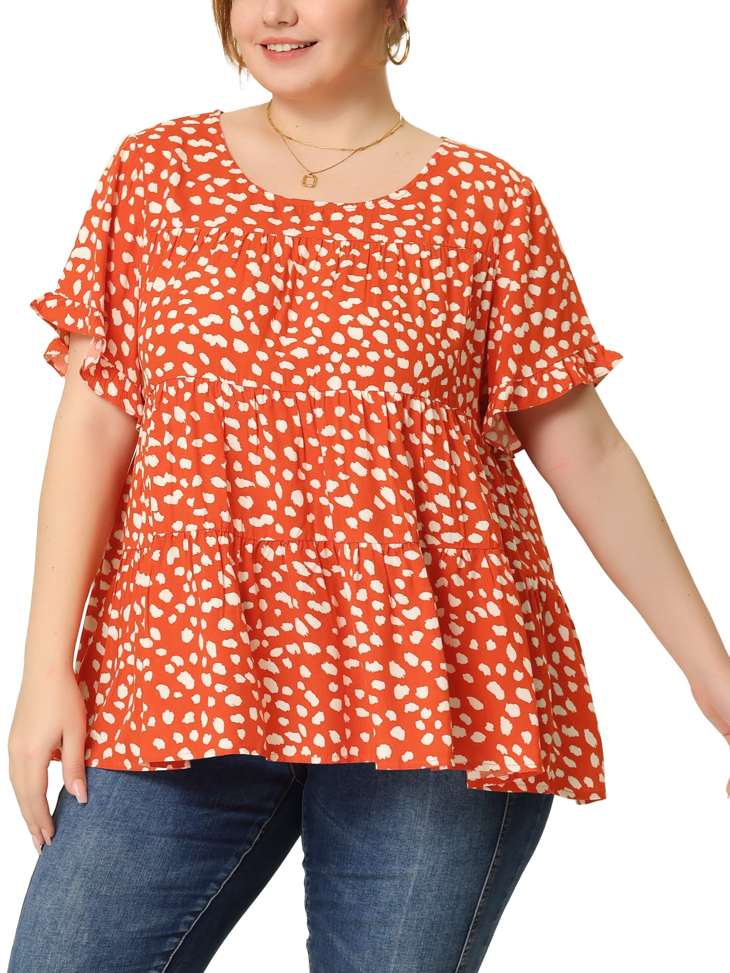 Agnes Orinda Women's Plus Size Polka Dots Round Neck Ruffle Sleeve ...