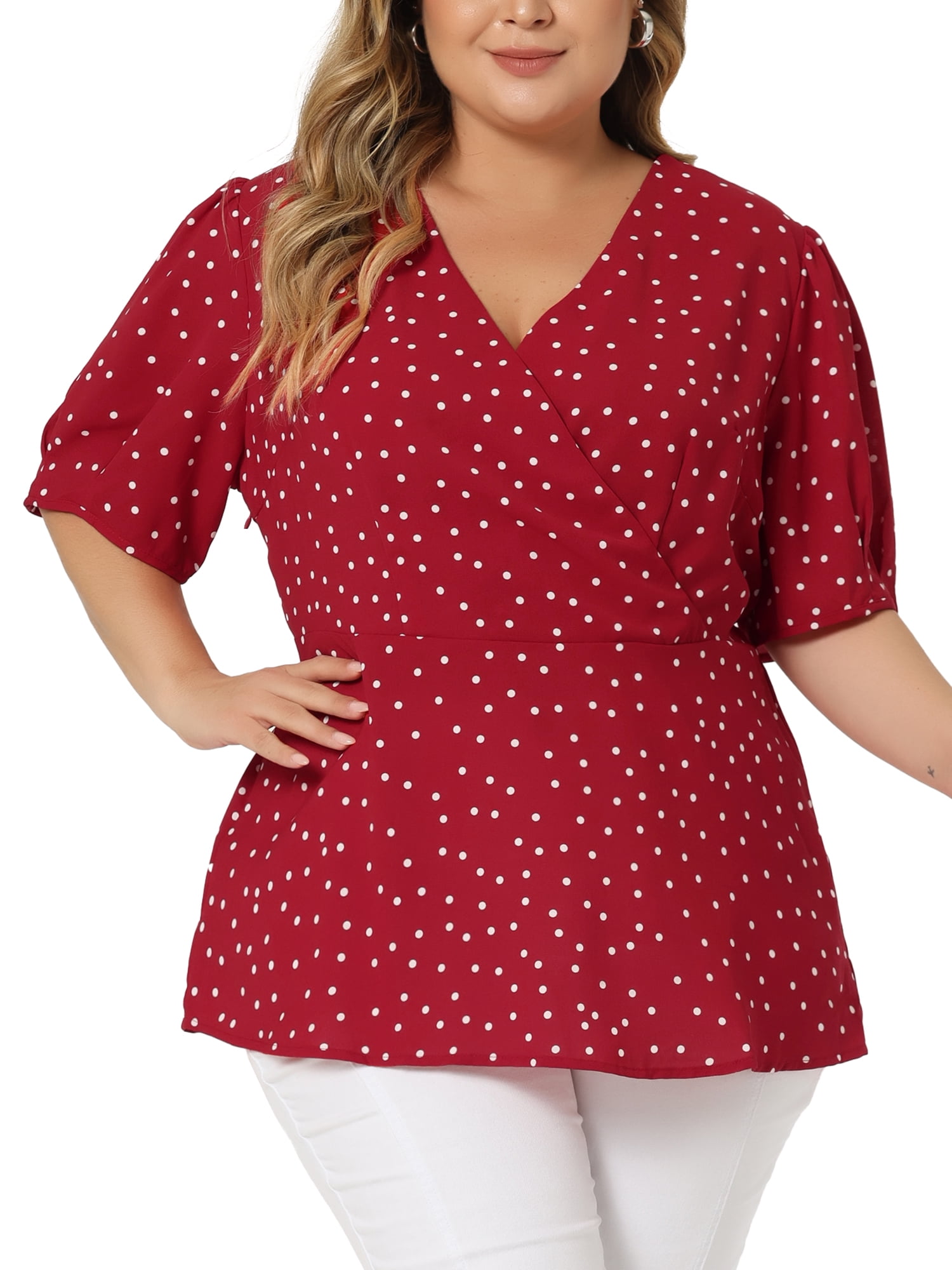 Agnes Orinda Women's Plus Size Polka Dots V Neck Short Sleeve Peplum ...