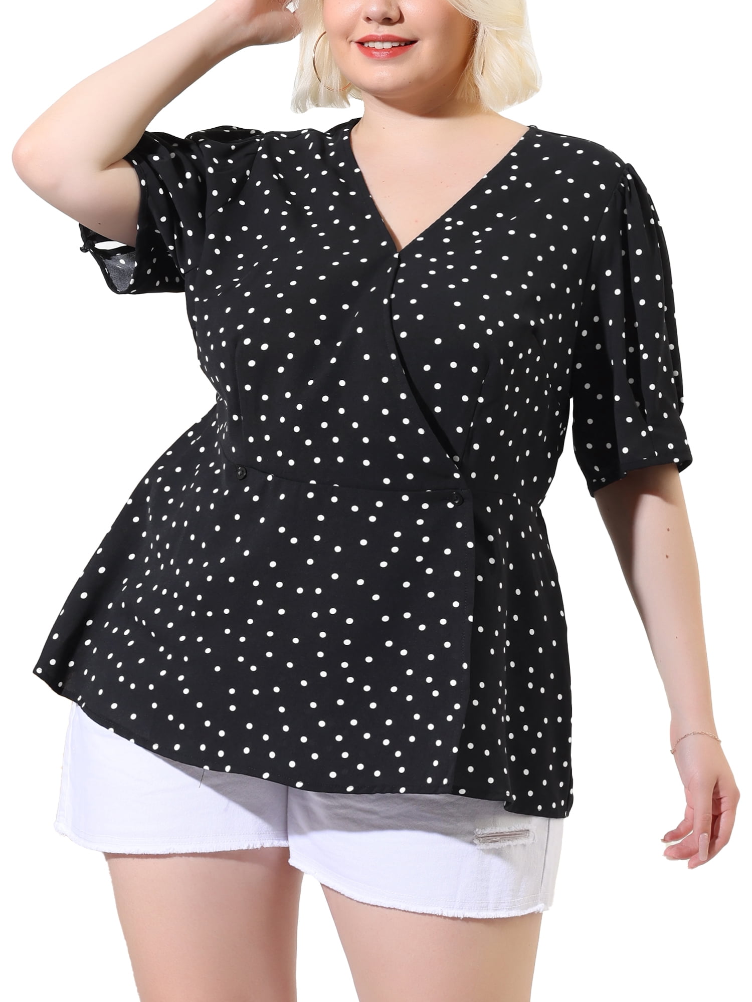 Agnes Orinda Womens Plus Size Polka Dots V Neck Short Sleeve Peplum