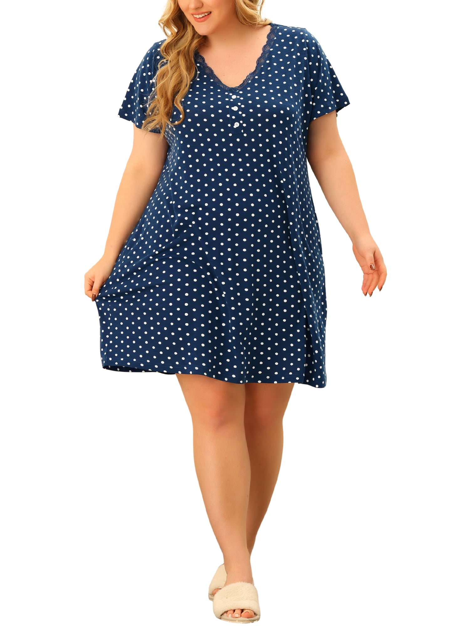 Agnes Orinda Womens Plus Size Polka Dots V Neck Sleepwear Nightdress