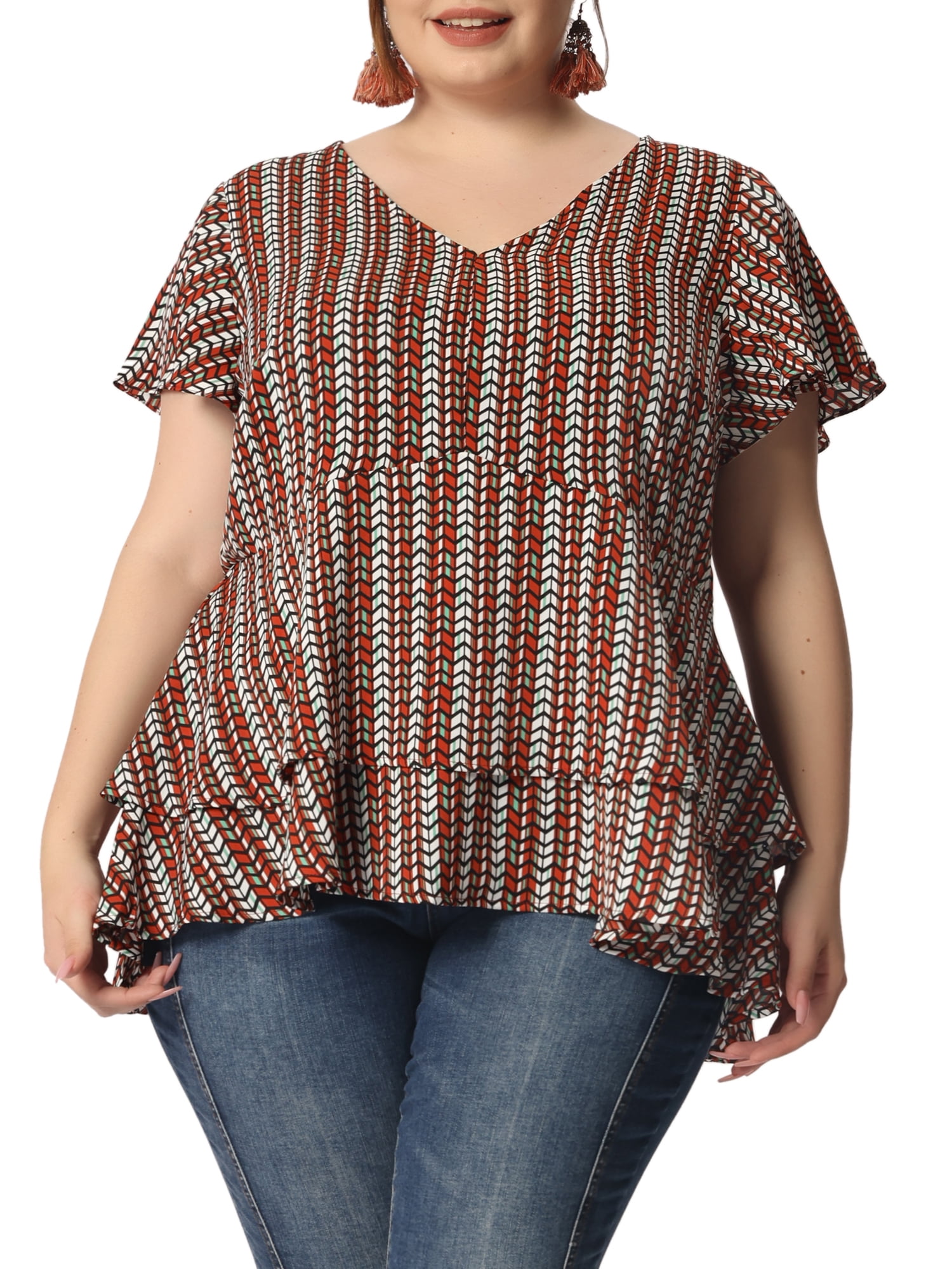Agnes Orinda Women's Plus Size Retro Layered Ruffle Hem V Neck Top 2X ...