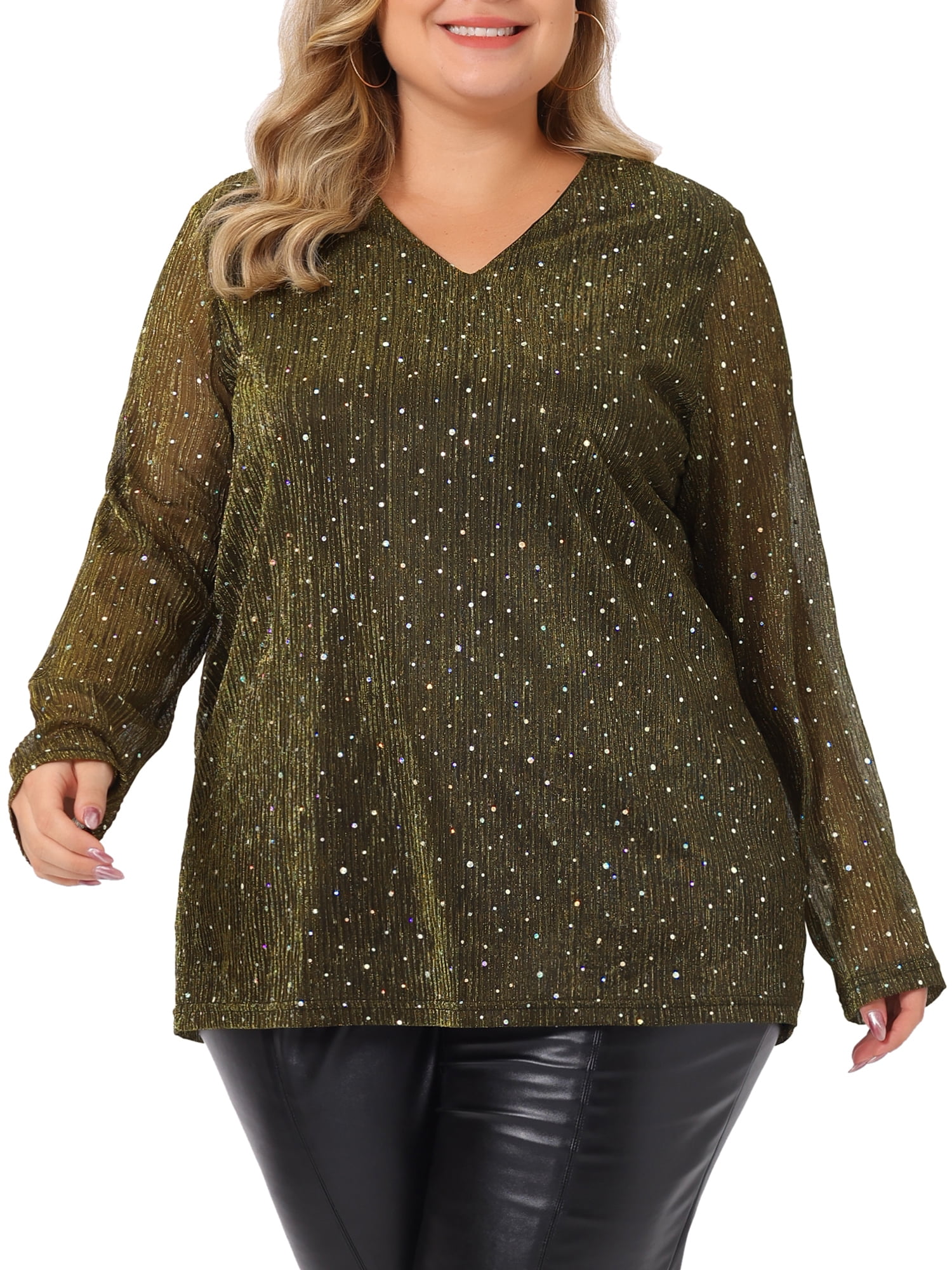 Agnes Orinda Women's Plus Size Rhinestone Glitter Bling Sheer Long ...