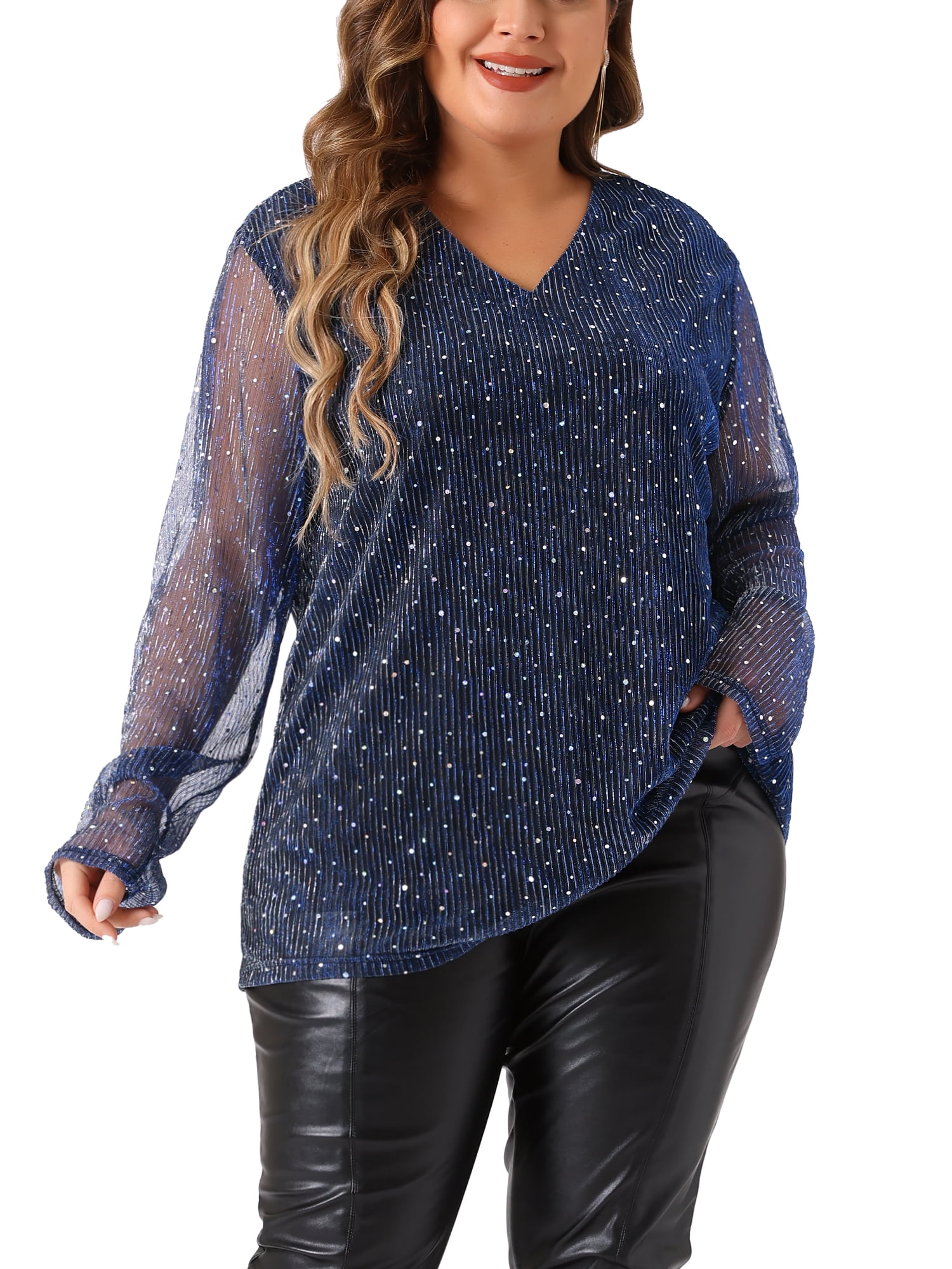 Agnes Orinda Women's Plus Size Rhinestone Glitter Bling Sheer Long ...