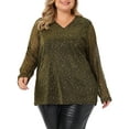 Agnes Orinda Womens Plus Size Rhinestone Glitter Sheer Long Sleeve V