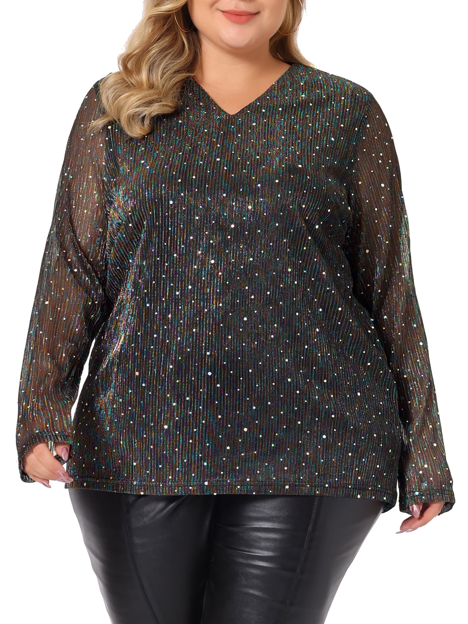 Agnes Orinda Womens Plus Size Rhinestone Glitter Sheer Long Sleeve V