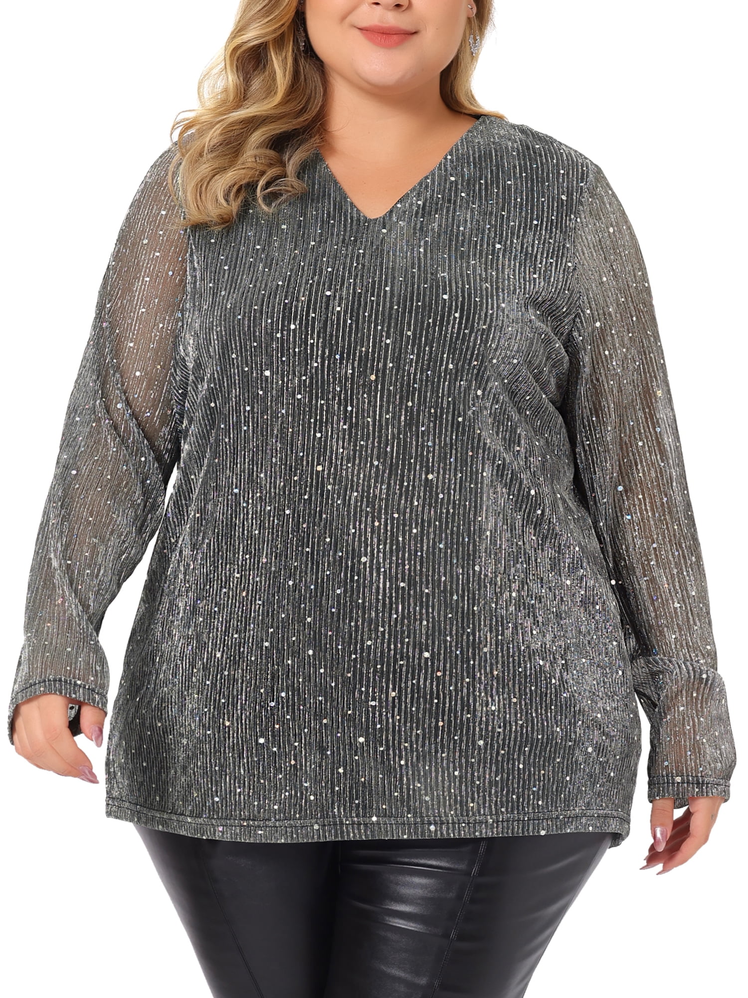 Agnes Orinda Women's Plus Size Rhinestone Glitter Bling Sheer Long ...