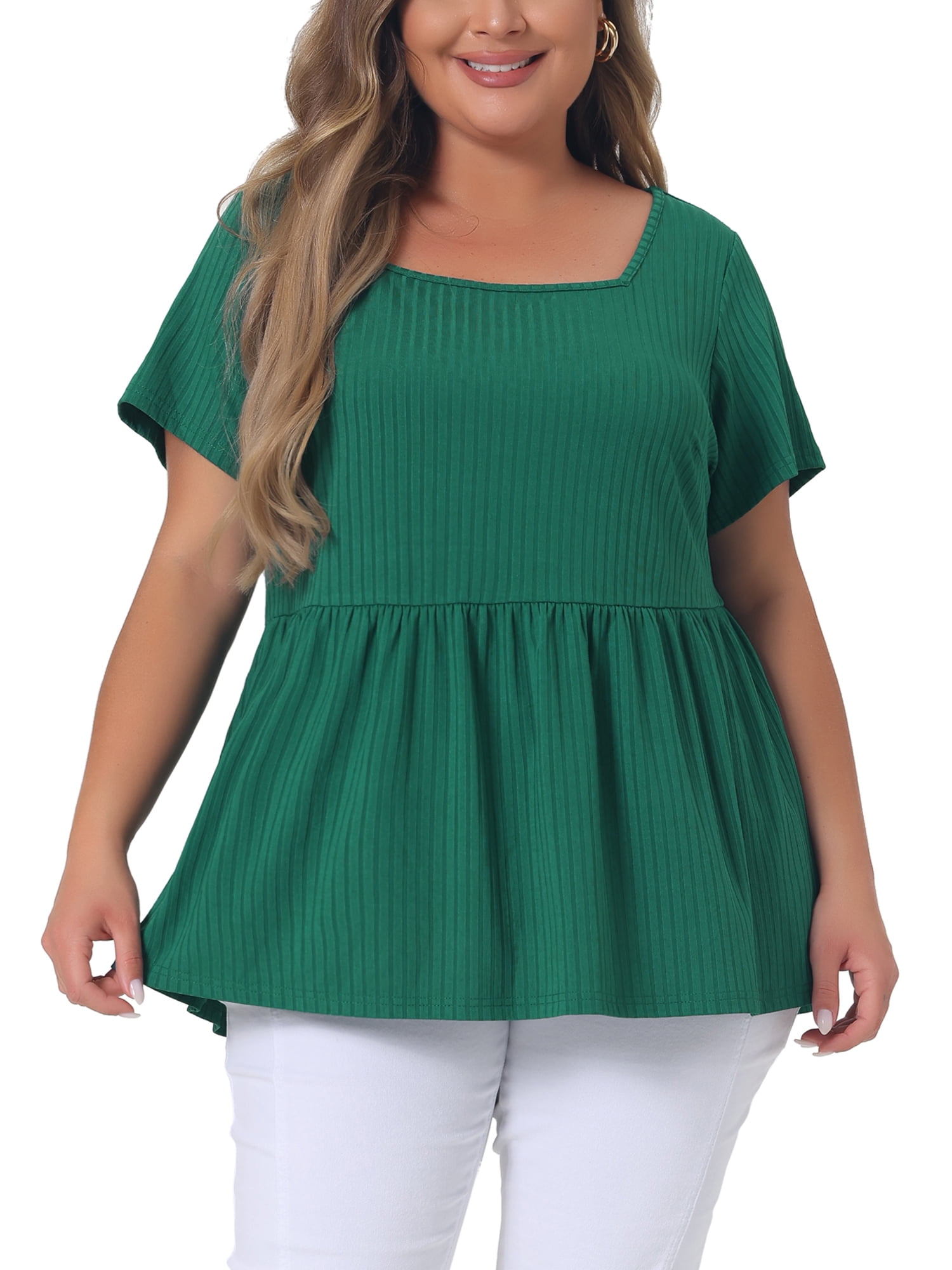 Agnes Orinda Women's Plus Size Rib Shirts Solid Peplum Tops Square Neck ...