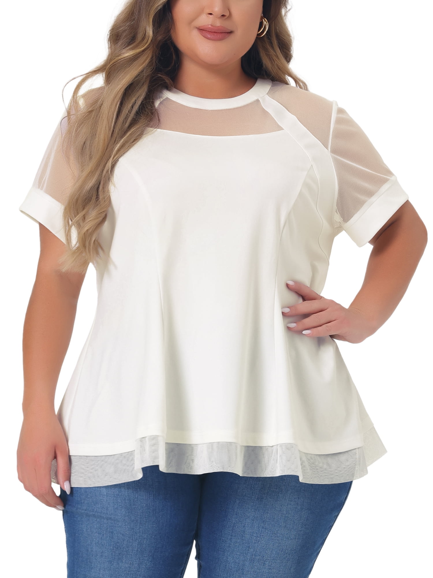 Agnes Orinda Women's Plus Size Round Neck Peplum Short Sleeve Mesh ...