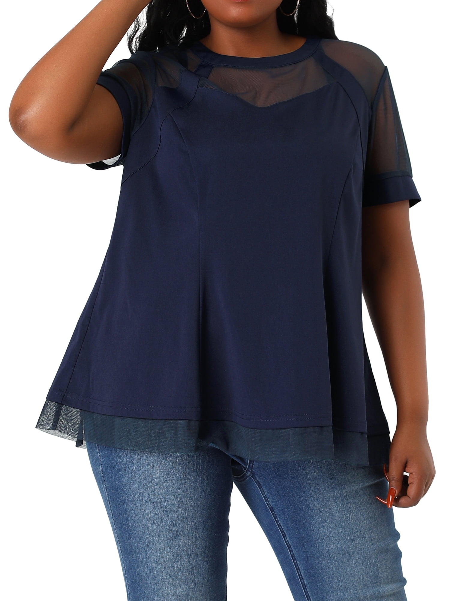 Agnes Orinda Women's Plus Size Round Neck Peplum Short Sleeve Mesh ...