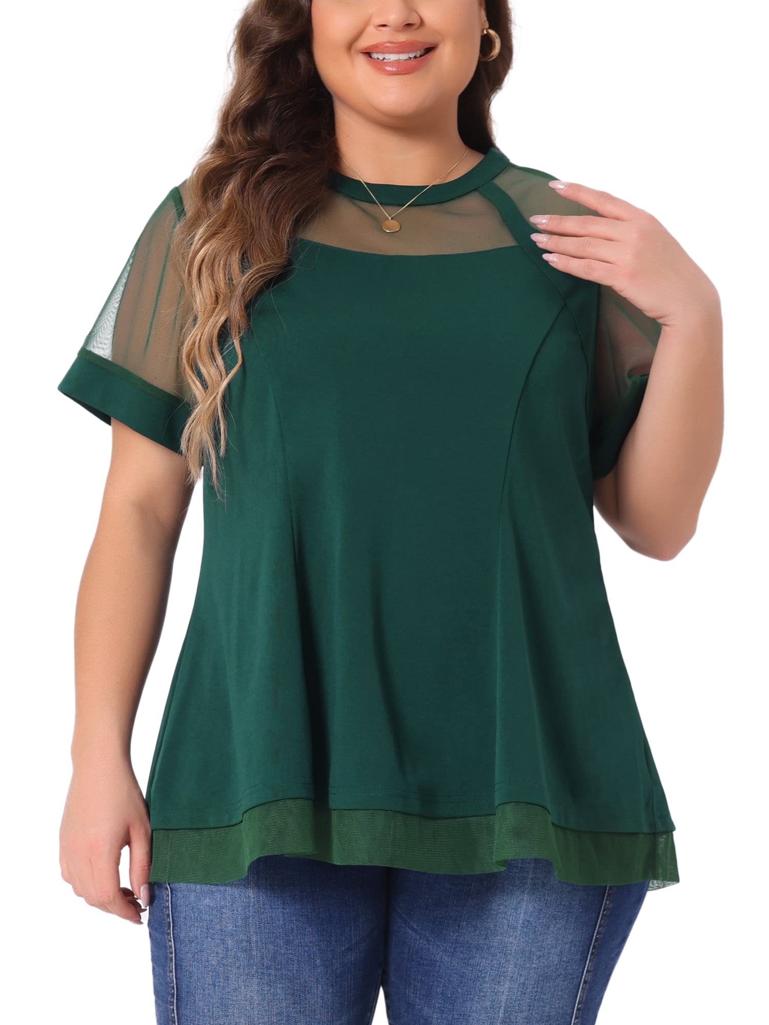 Agnes Orinda Women's Plus Size Round Neck Peplum Short Sleeve Mesh ...