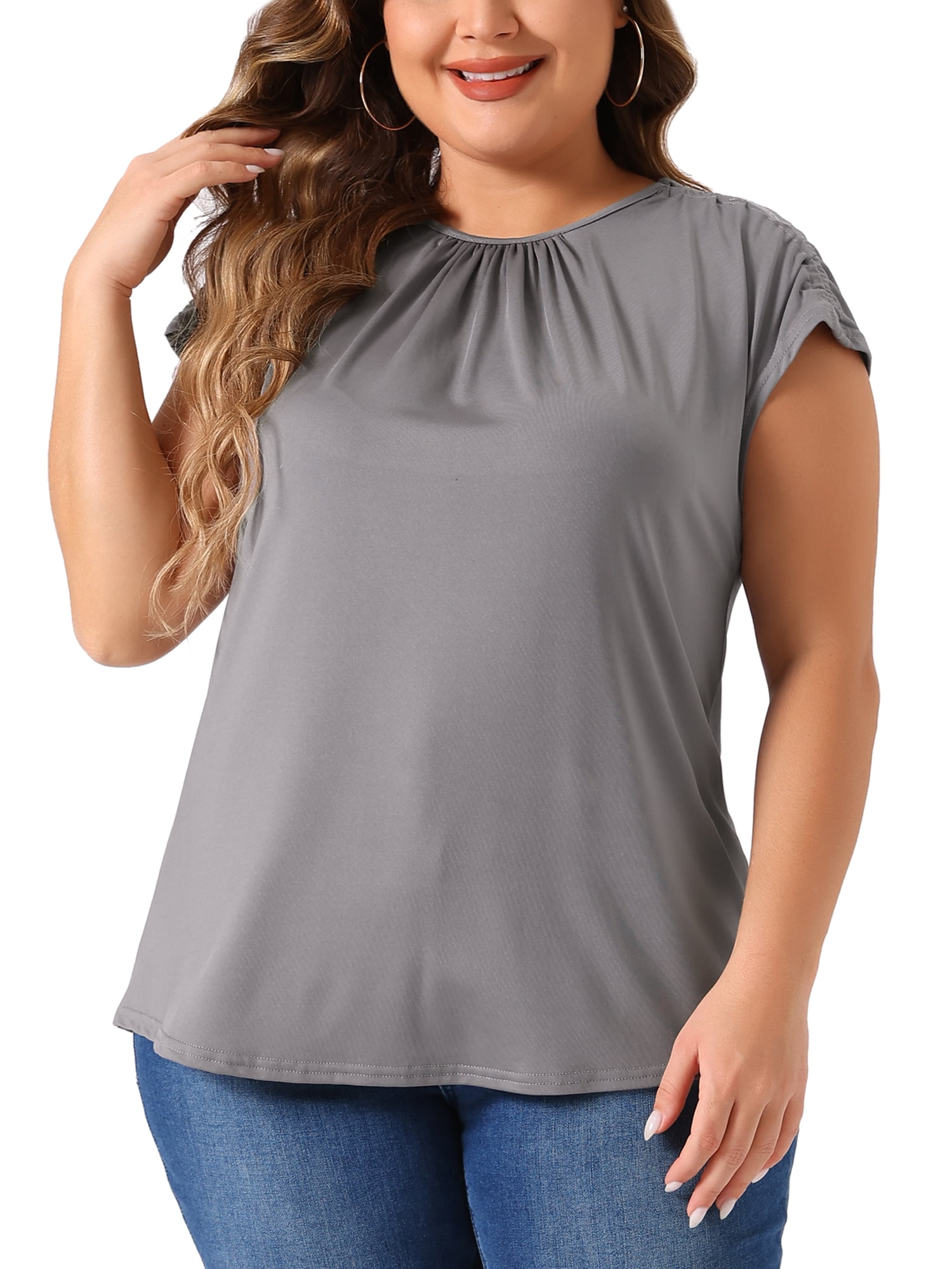 Agnes Orinda Women's Plus Size Round Neck Ruched Short Sleeve Summer ...