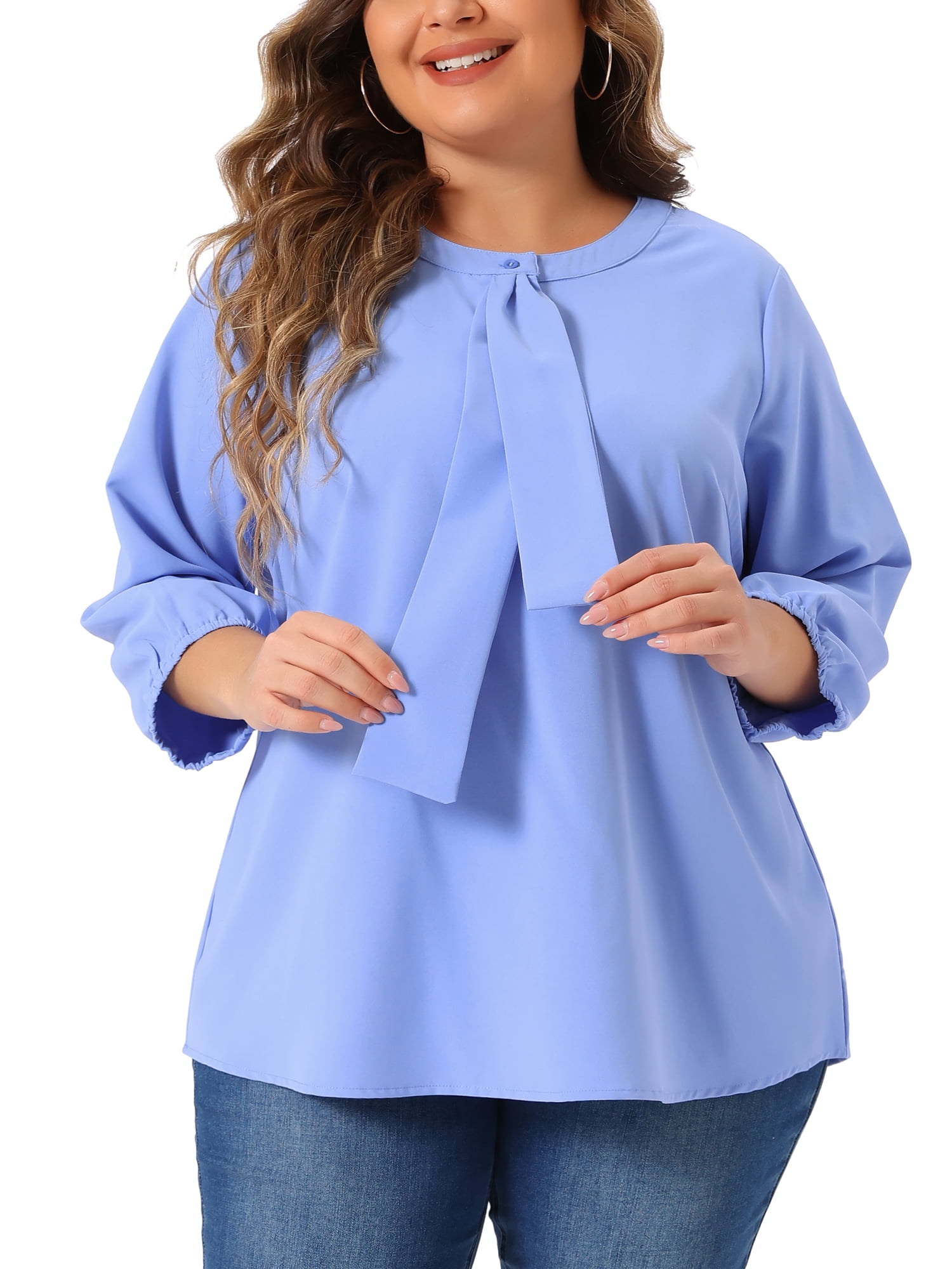 Agnes Orinda Women's Plus Size Round Neck Tie Front Ruffle Chiffon Work ...