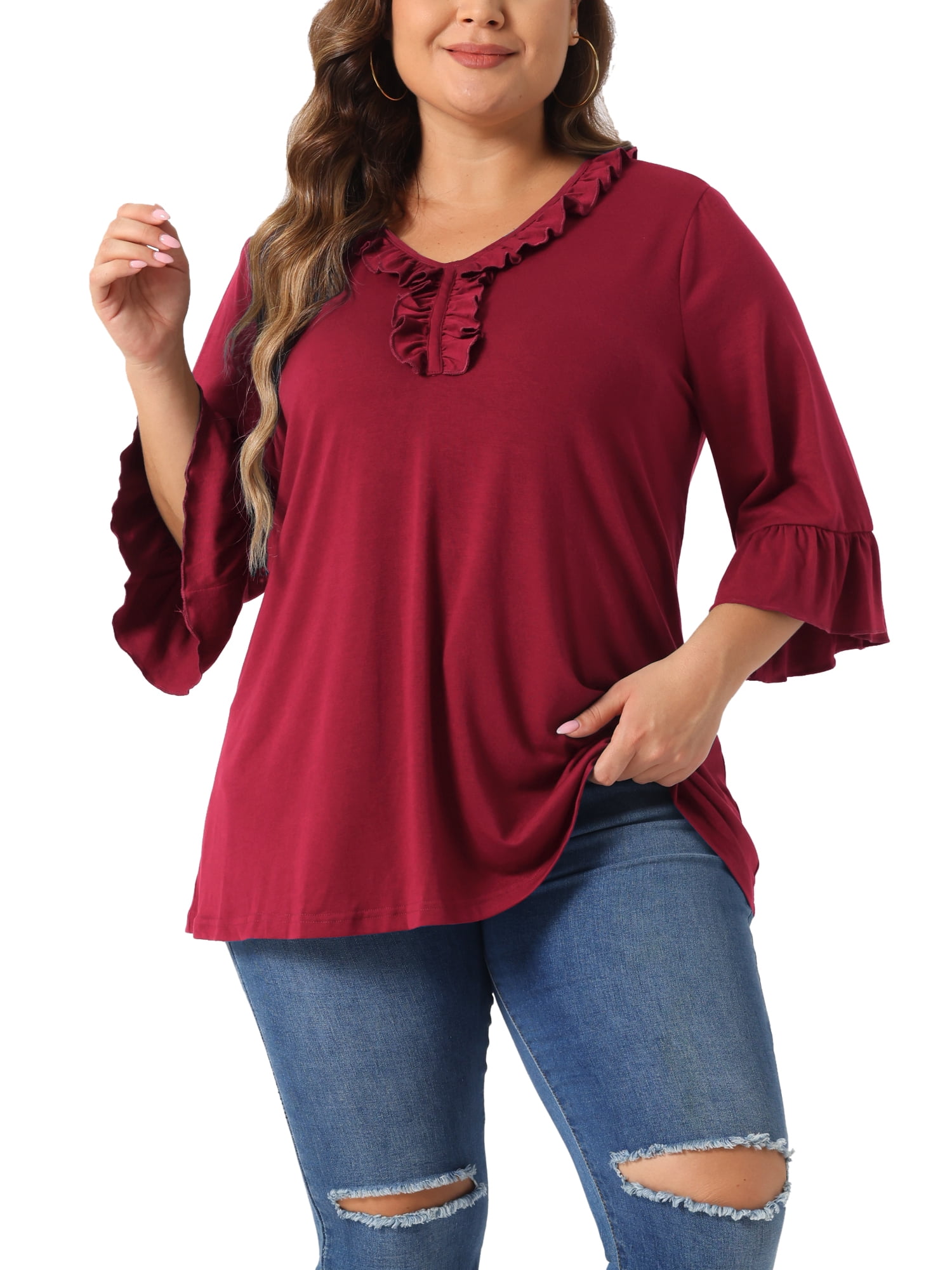 Agnes Orinda Women's Plus Size Ruffle 3/4 Sleeve V Neck Business ...