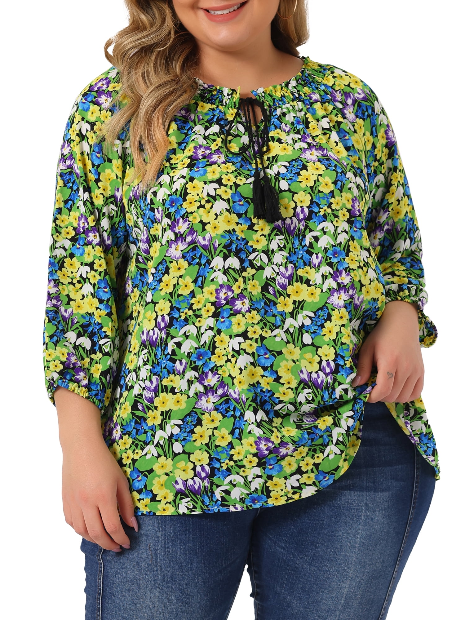 Agnes Orinda Women's Plus Size Self Tie Neck 3/4 Sleeves Floral ...
