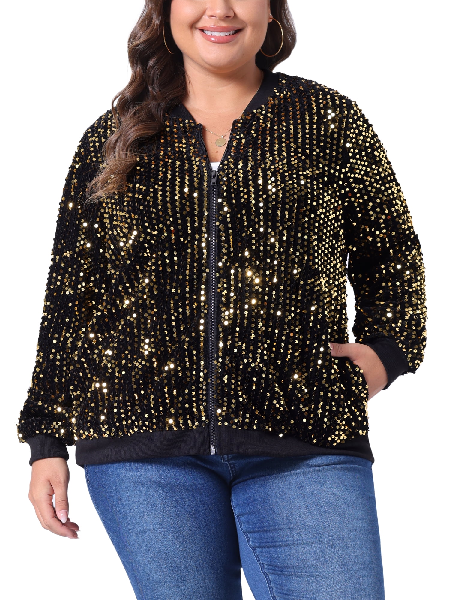 Agnes Orinda Women's Plus Size Sequin Jacket Sparkle Long Sleeve Front ...