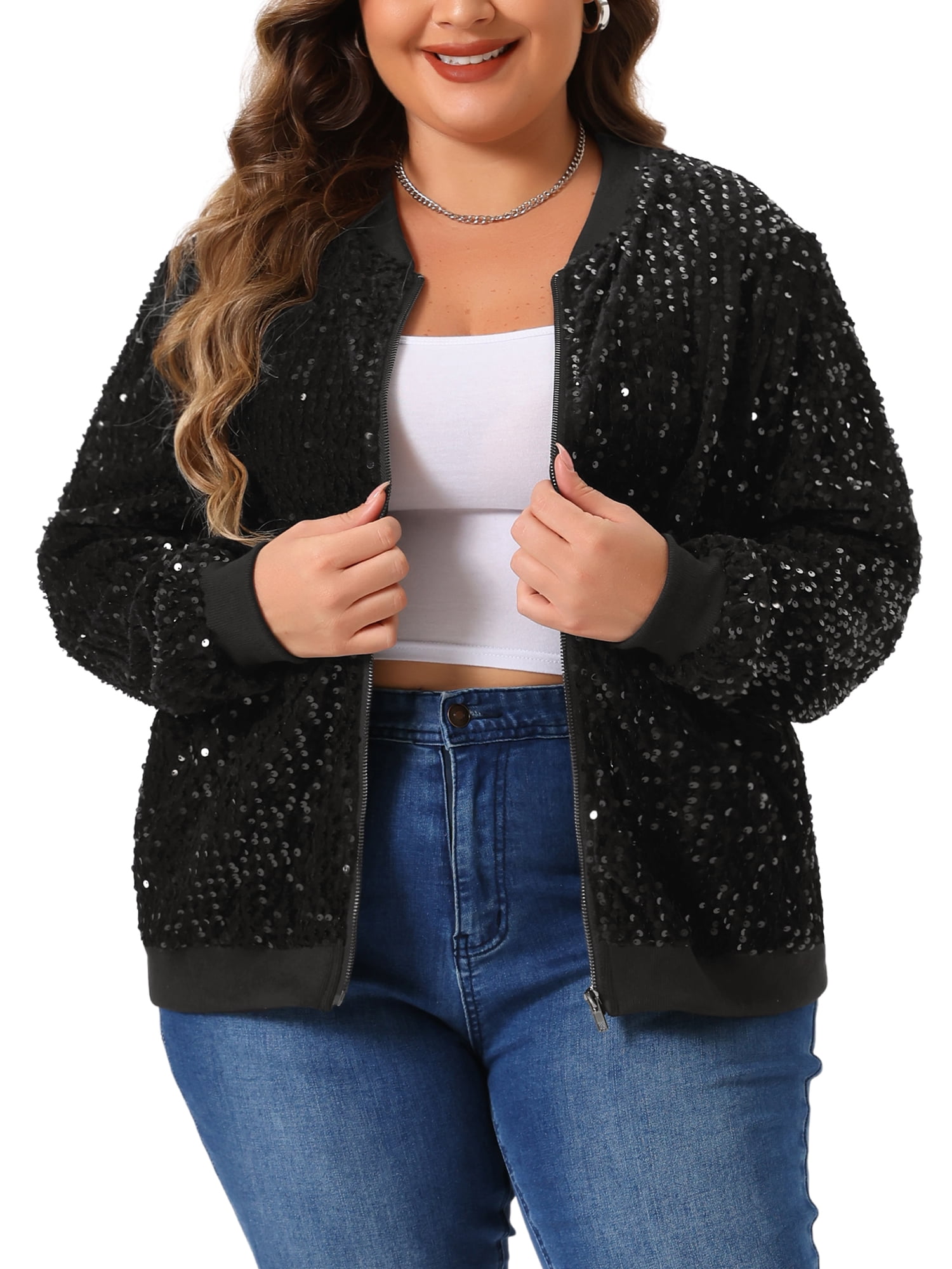 Agnes Orinda Women's Plus Size Sequin Jacket Sparkle Long Sleeve Front ...