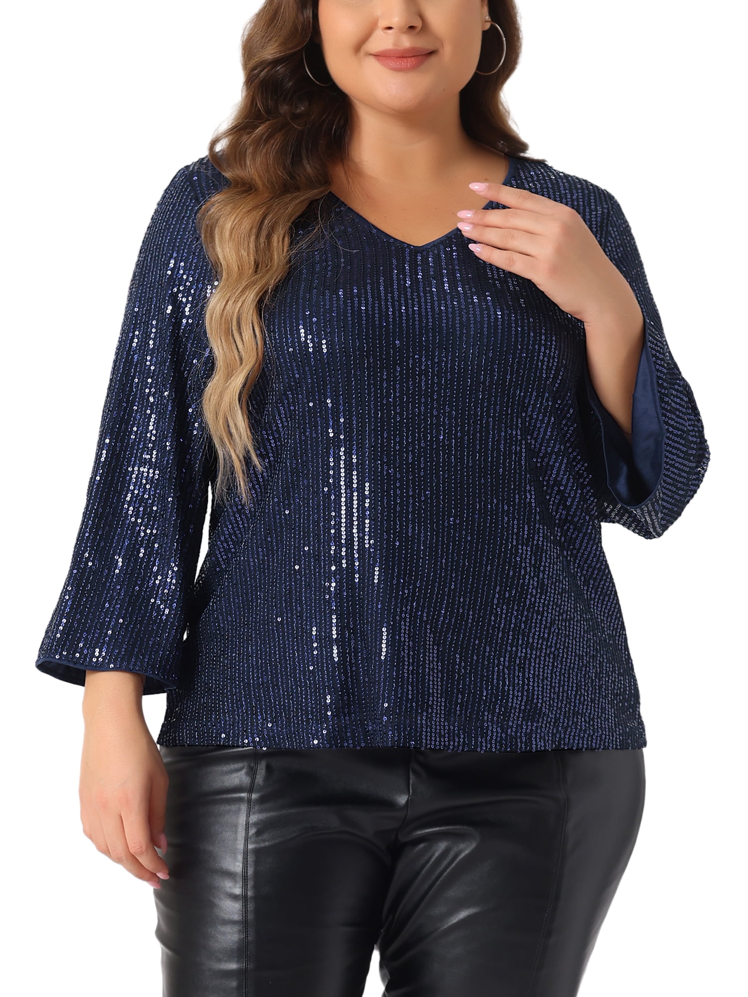 Agnes Orinda Women's Plus Size Sequin Top 3/4 Sleeve V Neck Glitter ...