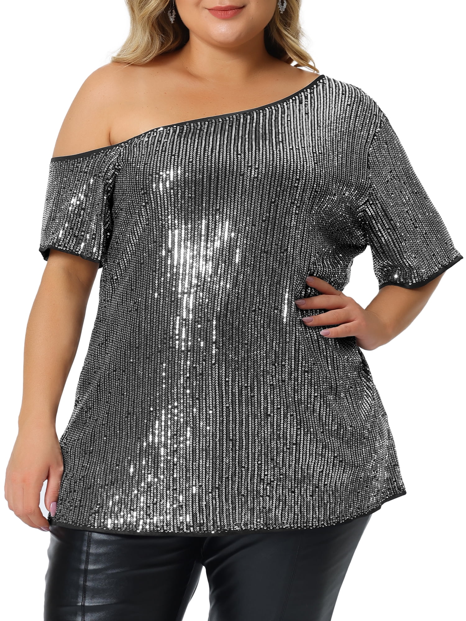 Agnes Orinda Women' s Plus Size Sequin Top Sparkly One Shoulder Short ...