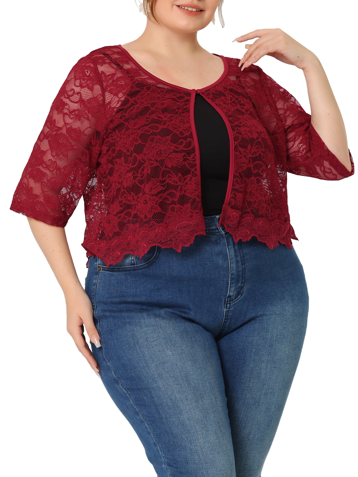 Agnes Orinda Women's Plus Size Sheer Floral Lace Open Front Shrug ...