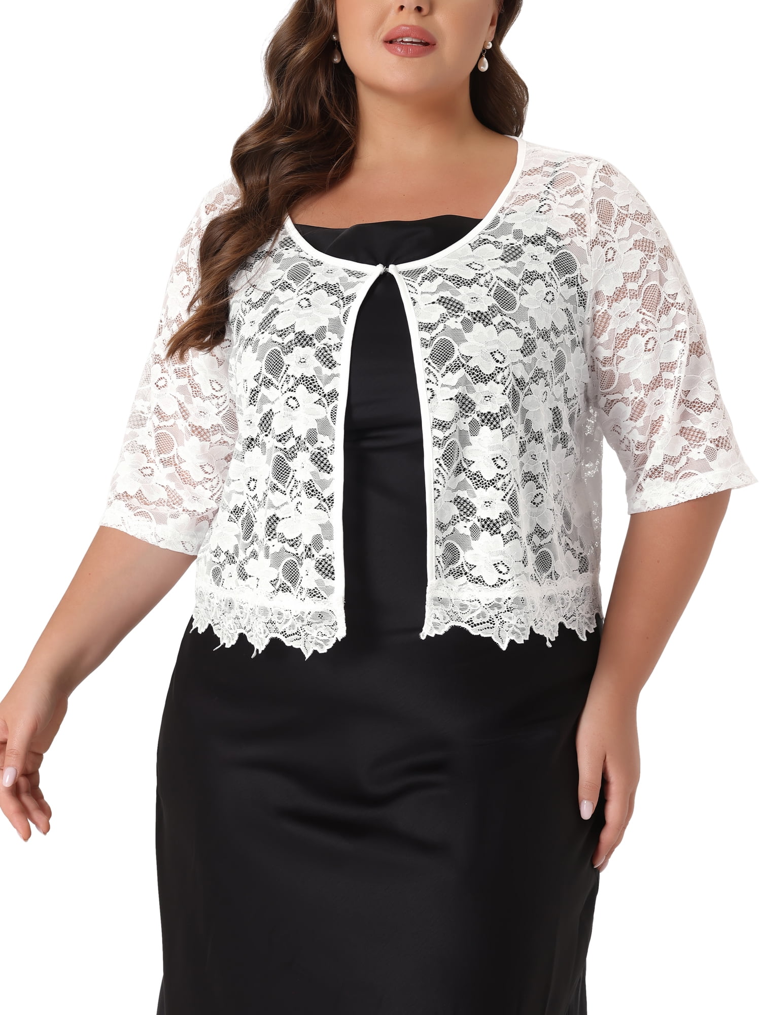 Agnes Orinda Women's Plus Size Sheer Floral Lace Open Front Shrug ...