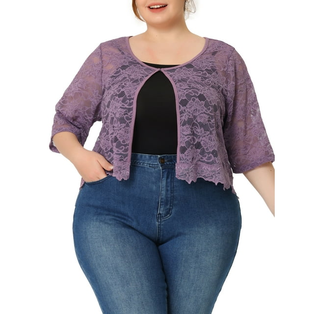 Agnes Orinda Women's Plus Size Sheer Floral Lace Open Front Shrug ...