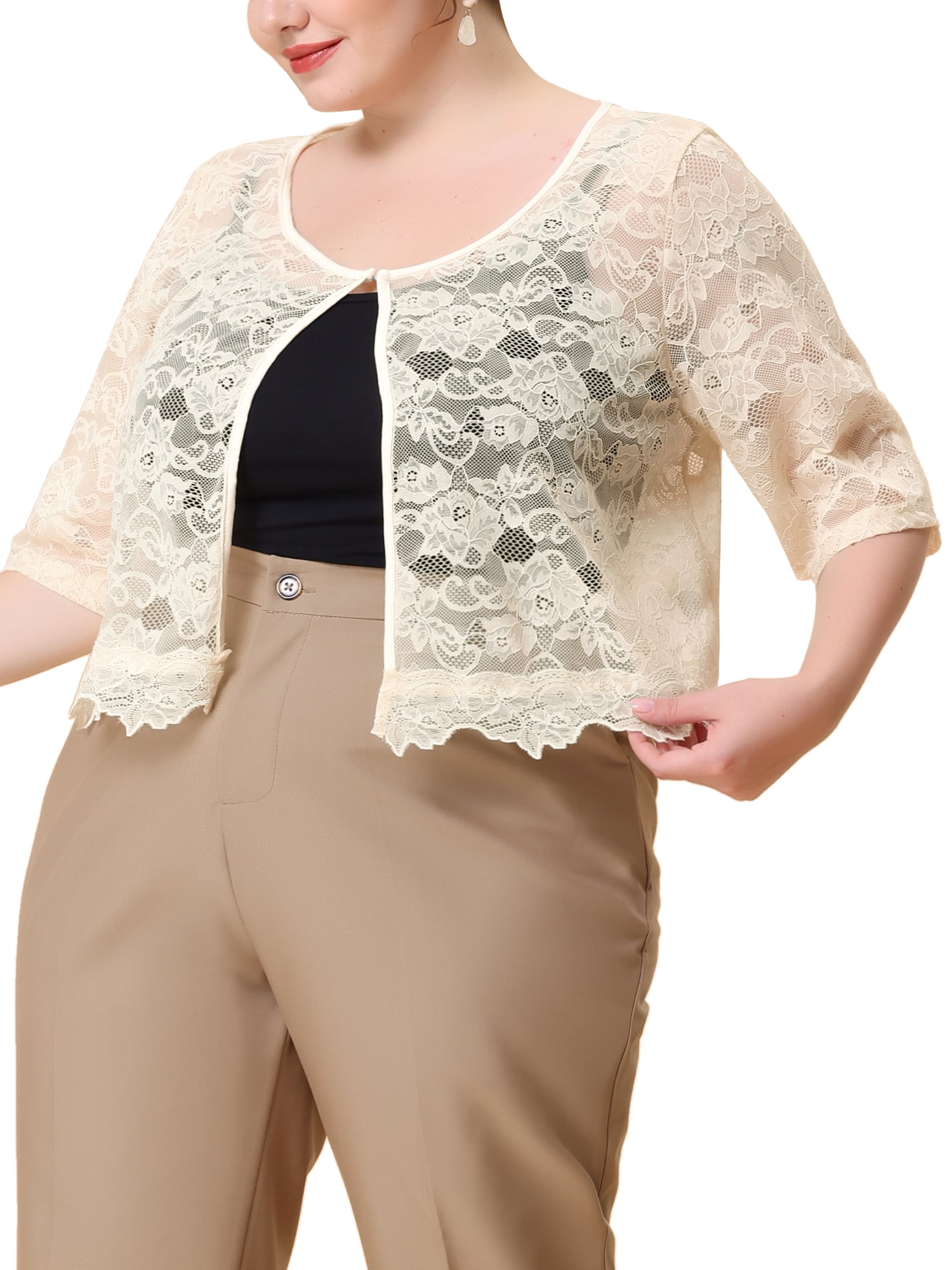 Agnes Orinda Womens Plus Size Sheer Floral Lace Open Front Shrug