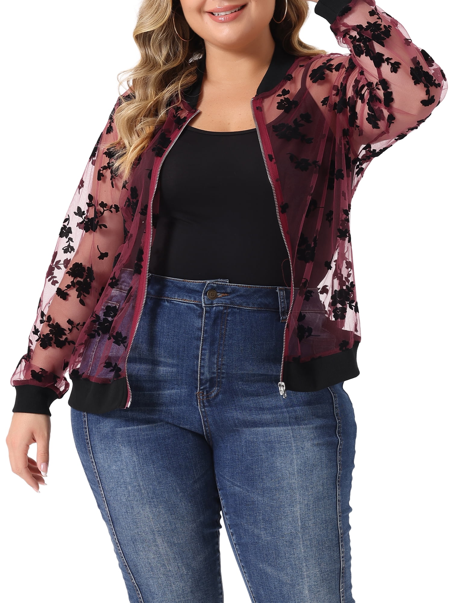 Agnes Orinda Women's Plus Size Sheer Jackets Long Sleeve Floral Lace ...