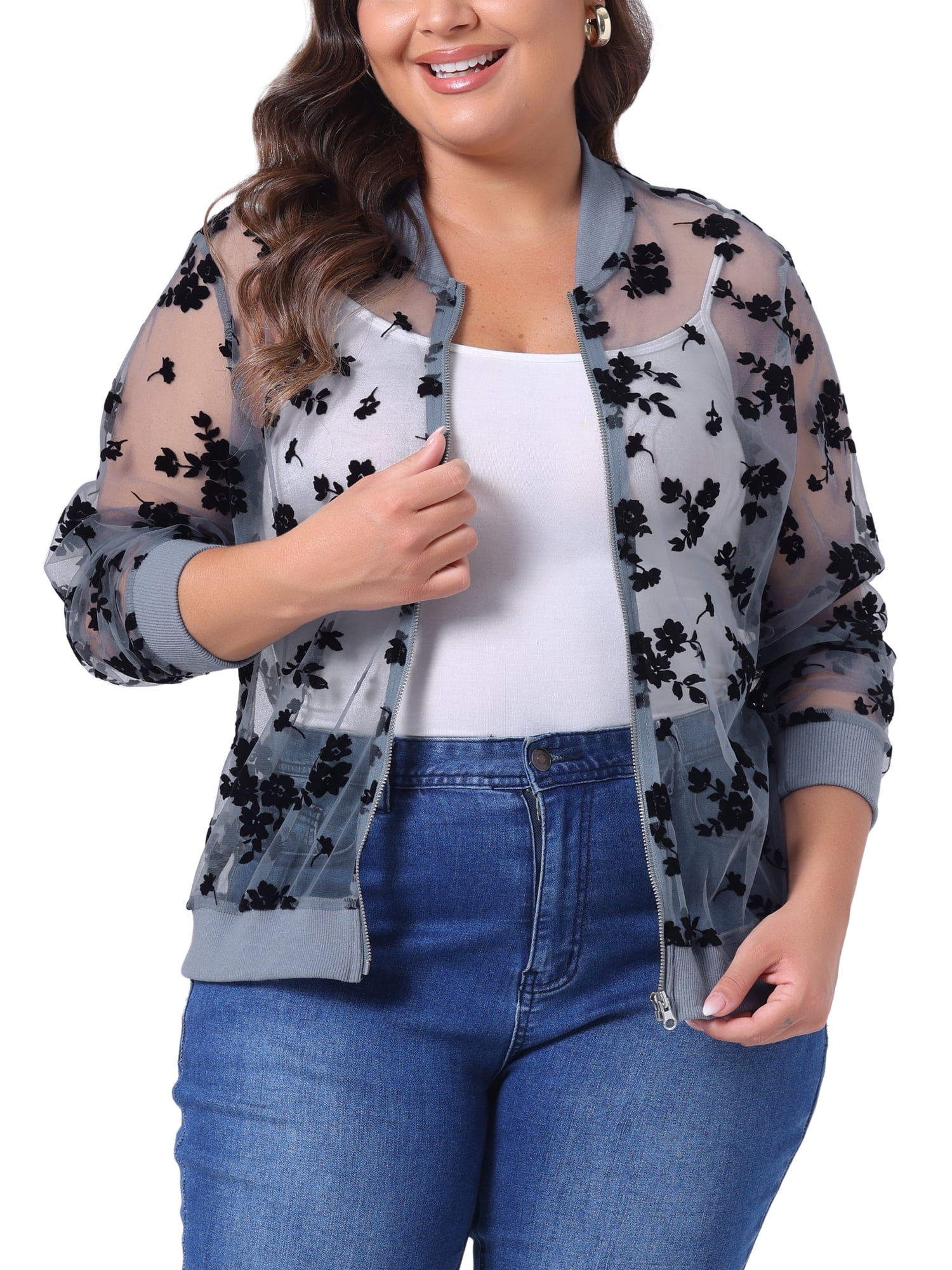 Agnes Orinda Women's Plus Size Sheer Jackets Long Sleeve Floral Lace Bomber Jacket 2X Gray Blue ...