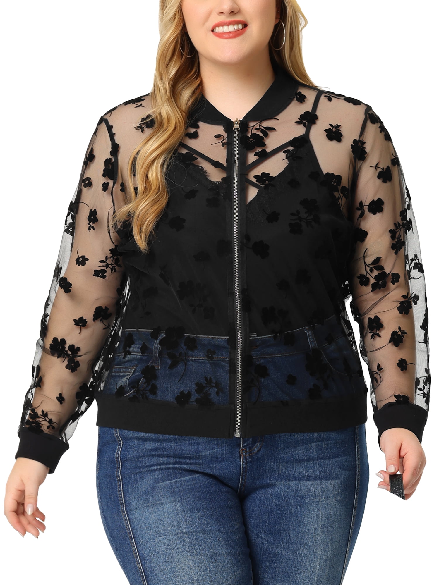 Agnes Orinda Women's Plus Size Sheer Jackets Long Sleeve Floral Lace Bomber Jacket 4X Black ...