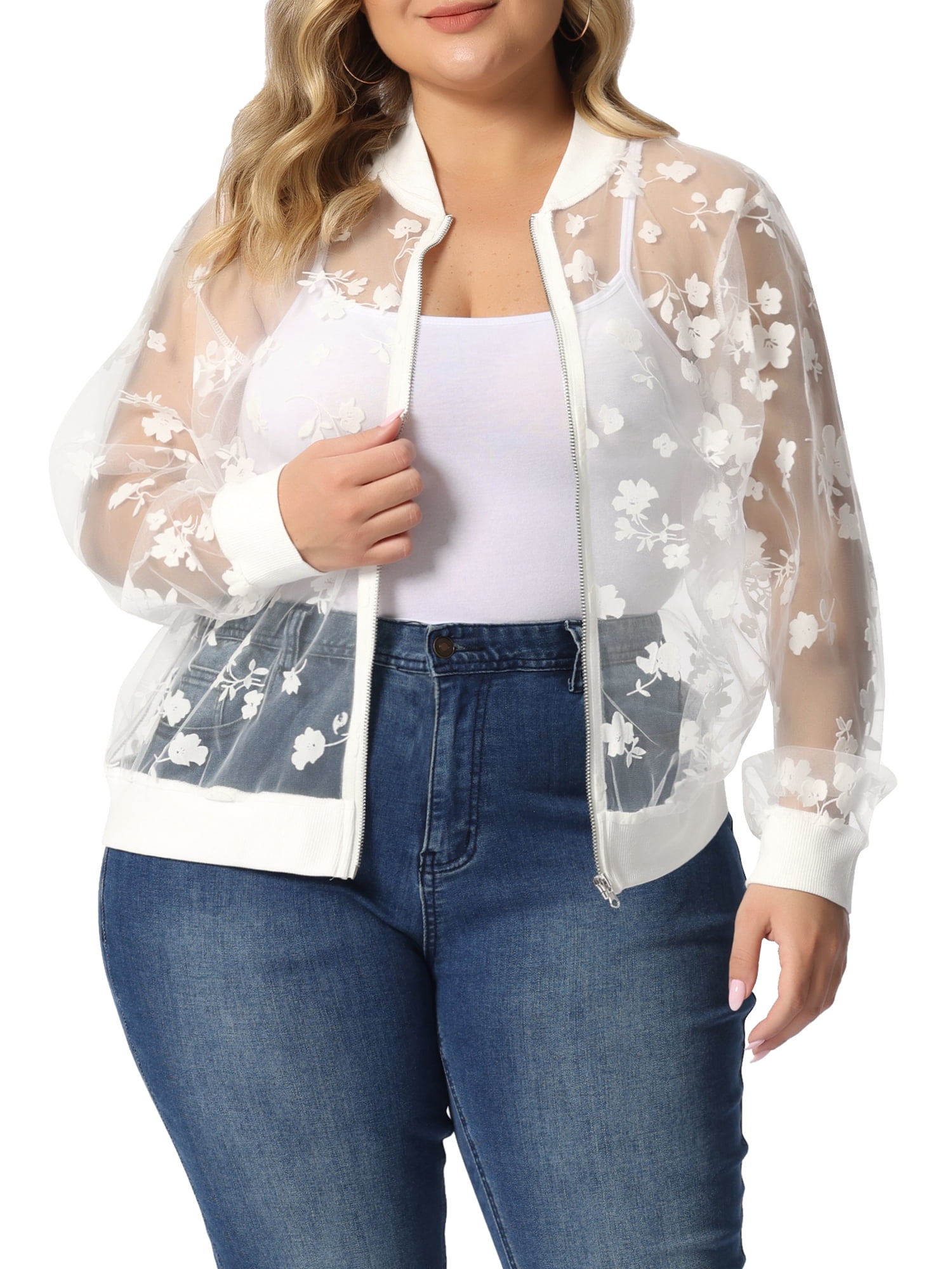 Agnes Orinda Plus Size Sheer Bomber Jacket, Floral Lace, Long Sleeve, Lightweight, White, 4X ...
