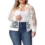 Agnes Orinda Plus Size Sheer Bomber Jacket, Floral Lace, Long Sleeve ...