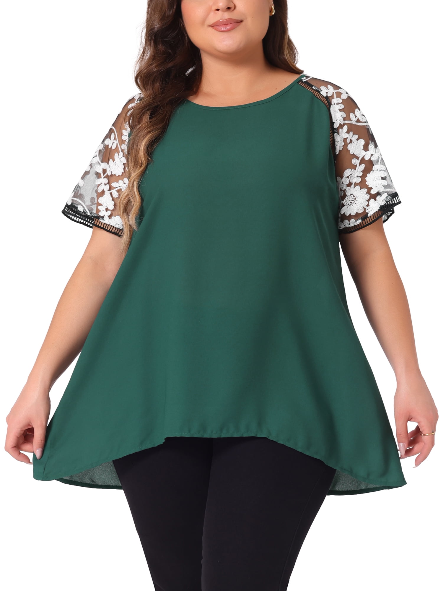 Agnes Orinda Women's Plus Size Sheer Mesh Panel Crochet Raglan Short ...