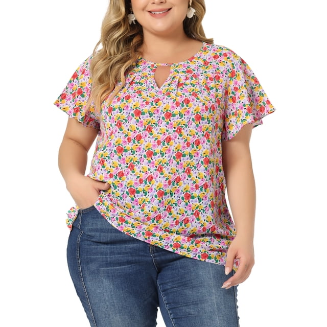 GRACE & GRANDEUR Women's Plus Size Keyhole Neck Short Sleeve Floral ...