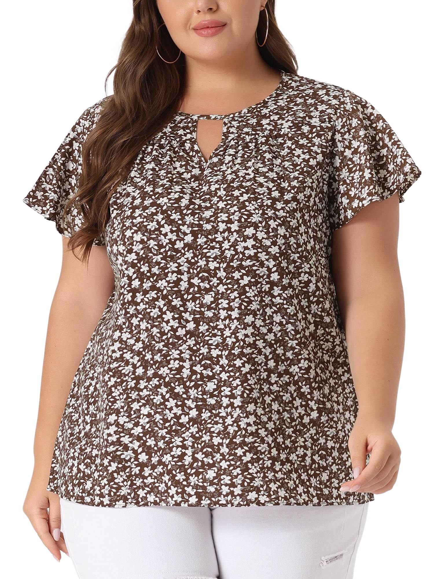 GRACE & GRANDEUR Women's Plus Size Keyhole Neck Short Sleeves Floral ...